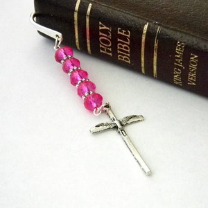 Holy Spirit Cross Bookmark With Hot Pink Glass Beads Silver Plated ...
