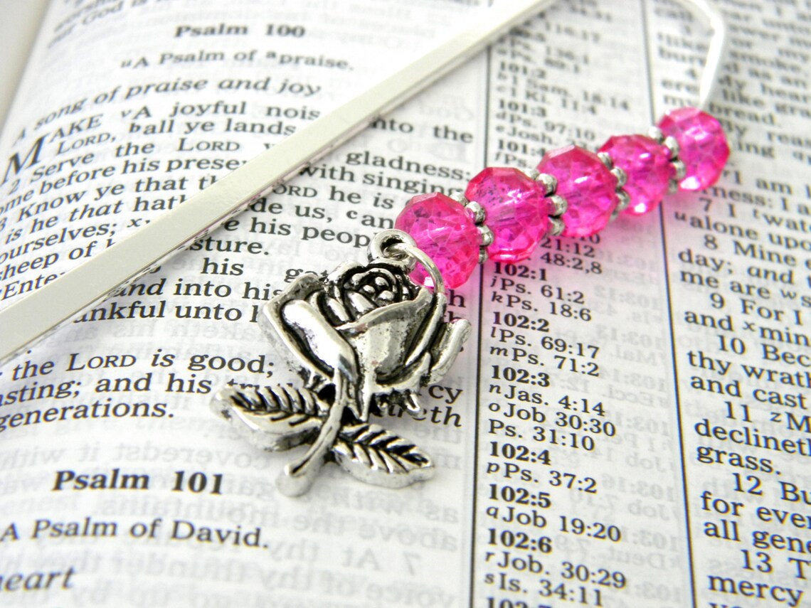 Rose Bookmark With Hot Pink Glass Beads Shepherd Hook Steel Bookmark ...