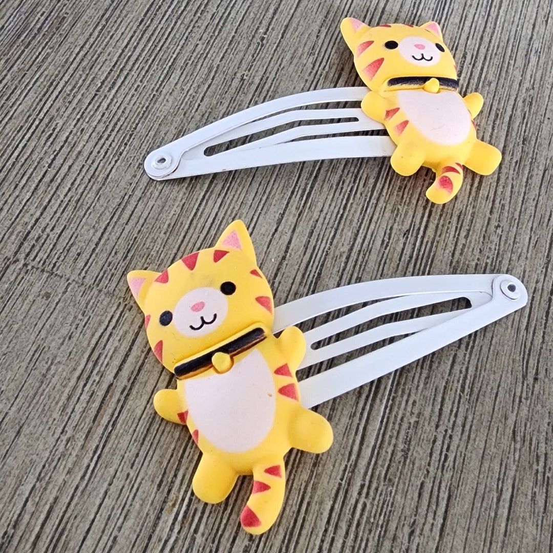 Large Orange Tabby Cat Hair Clips, Set of Two White Hair Clips, Metal ...