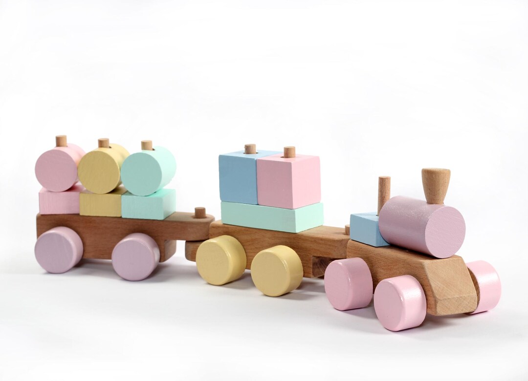 Handmade Wooden Train With Carriages Pastel Colors Unique Locomotive ...