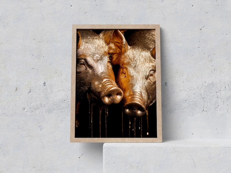 Quirky Pig Portrait Print | Gold Drip Dark Academia Wall Art (digital ...