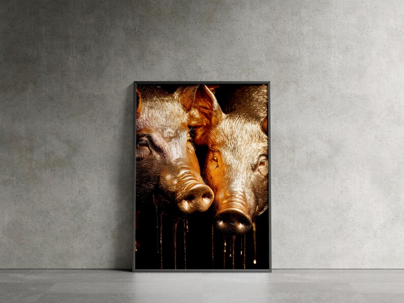 Quirky Pig Portrait Print | Gold Drip Dark Academia Wall Art (digital ...