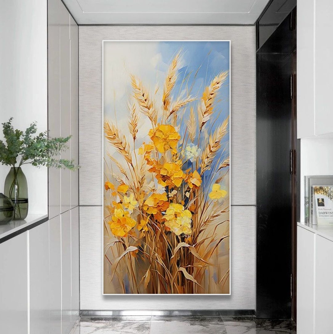 Original Wheat Landscape Oil Painting on Canvas, Large Abstract Yellow ...