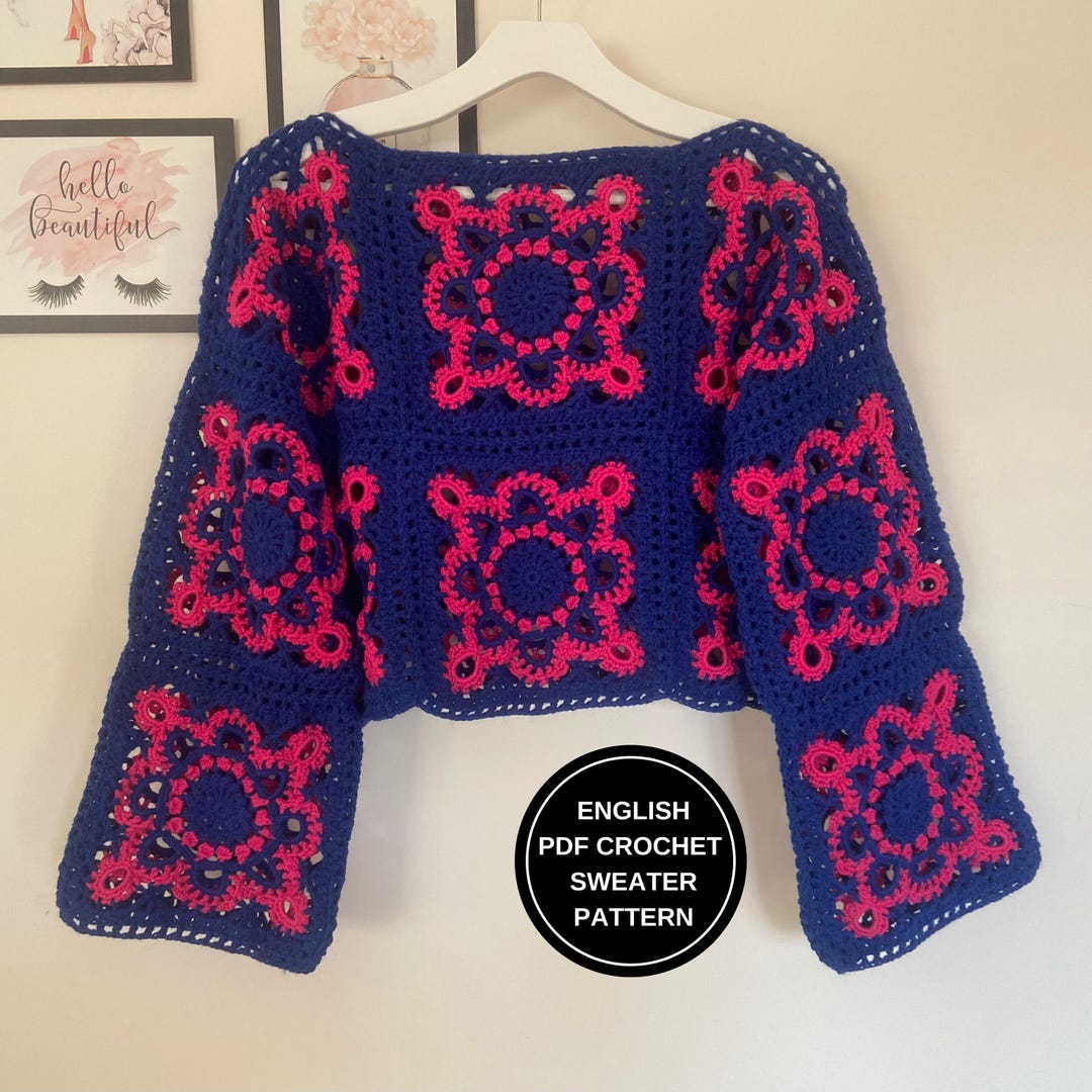 Crochet Granny Square Crop Sweater Pattern: Lacy Motif Pullover (PDF ...
