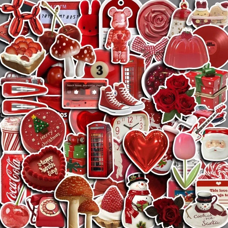 50 Retro Red Cake Heart Stickers Pack Aesthetic Decals for Laptop Pad ...