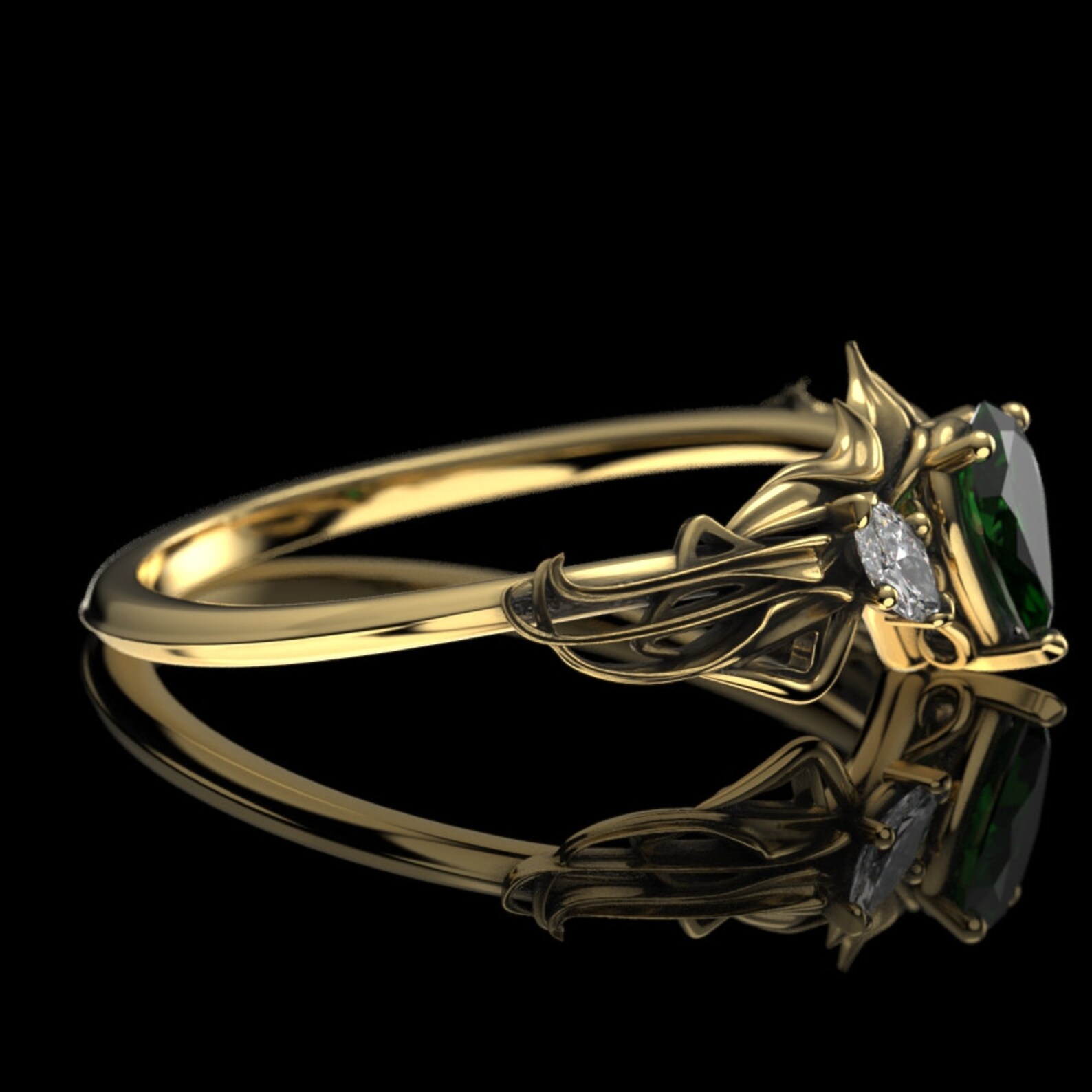 Elven Crown Engagement Ring With Pear Cut Lab Emerald Art Nouveau ...