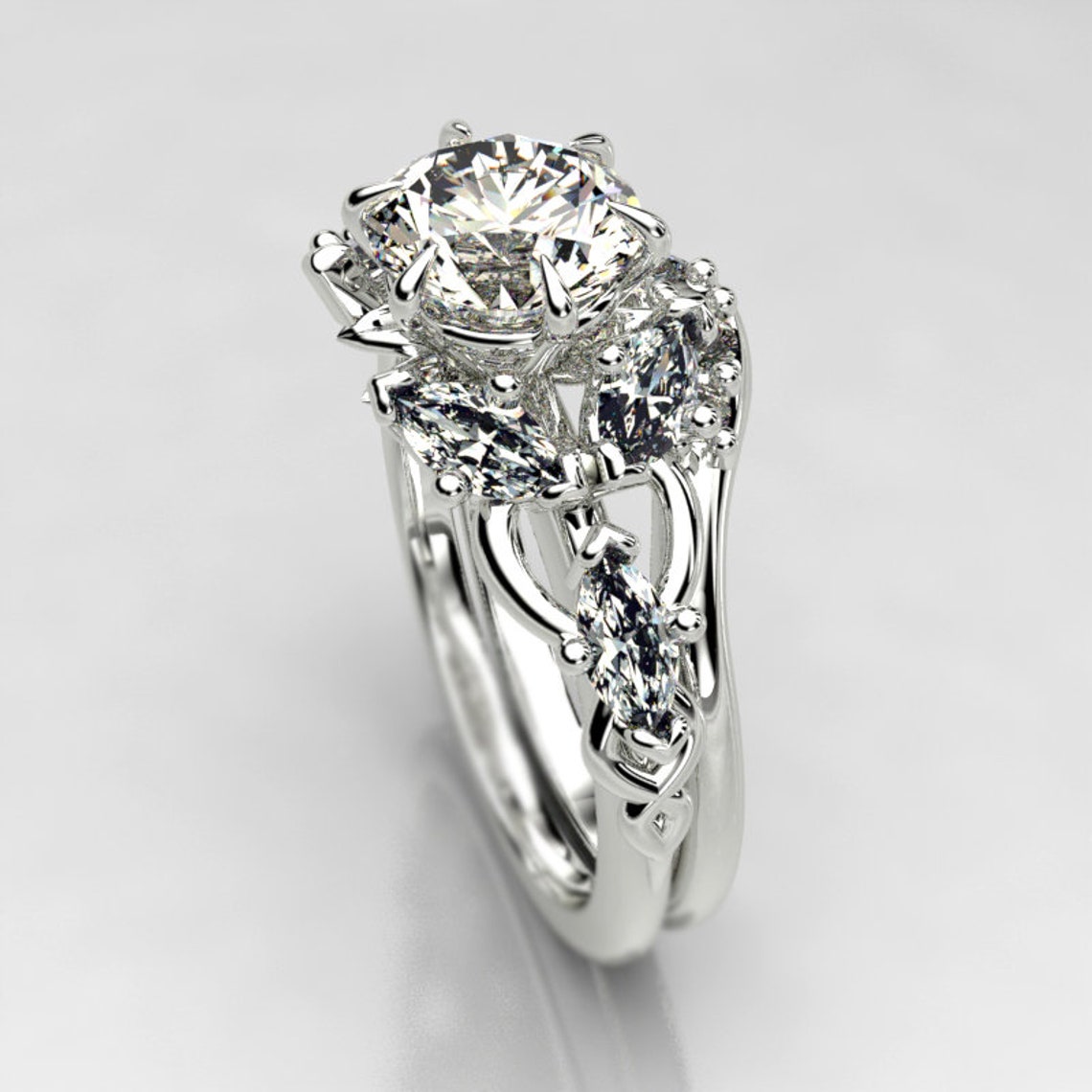 Elvish Wedding Ring Set With 6.0 mm Moissanite Elven Fantasy | Etsy