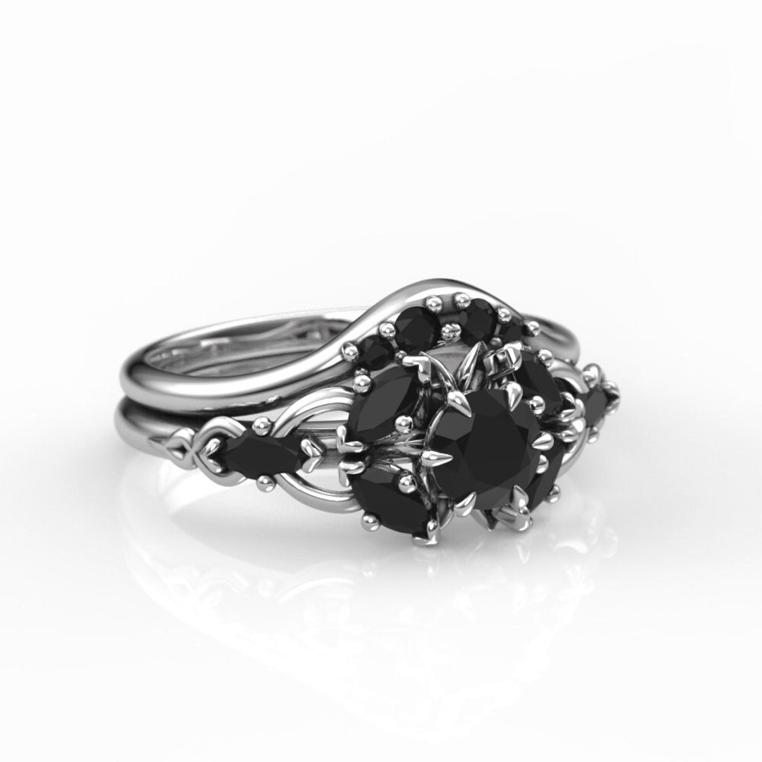 Black Diamond Goth Wedding Ring Set – Elven Art Nouveau Engagement Ring ...