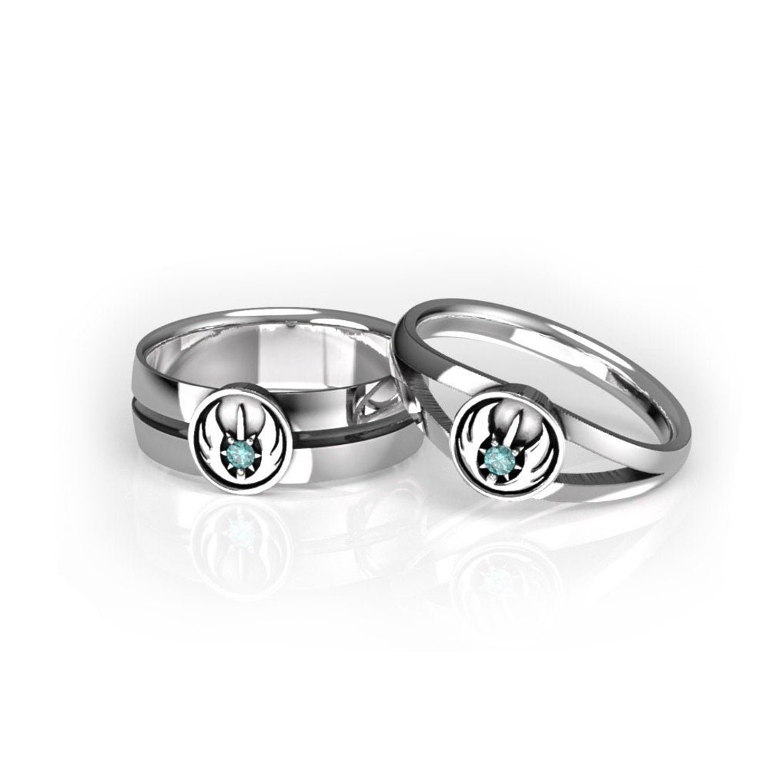 Star Wars Matching Wedding Ring Set With Teal Blue Diamond- Jedi Order Rings - Geek Engagement ...