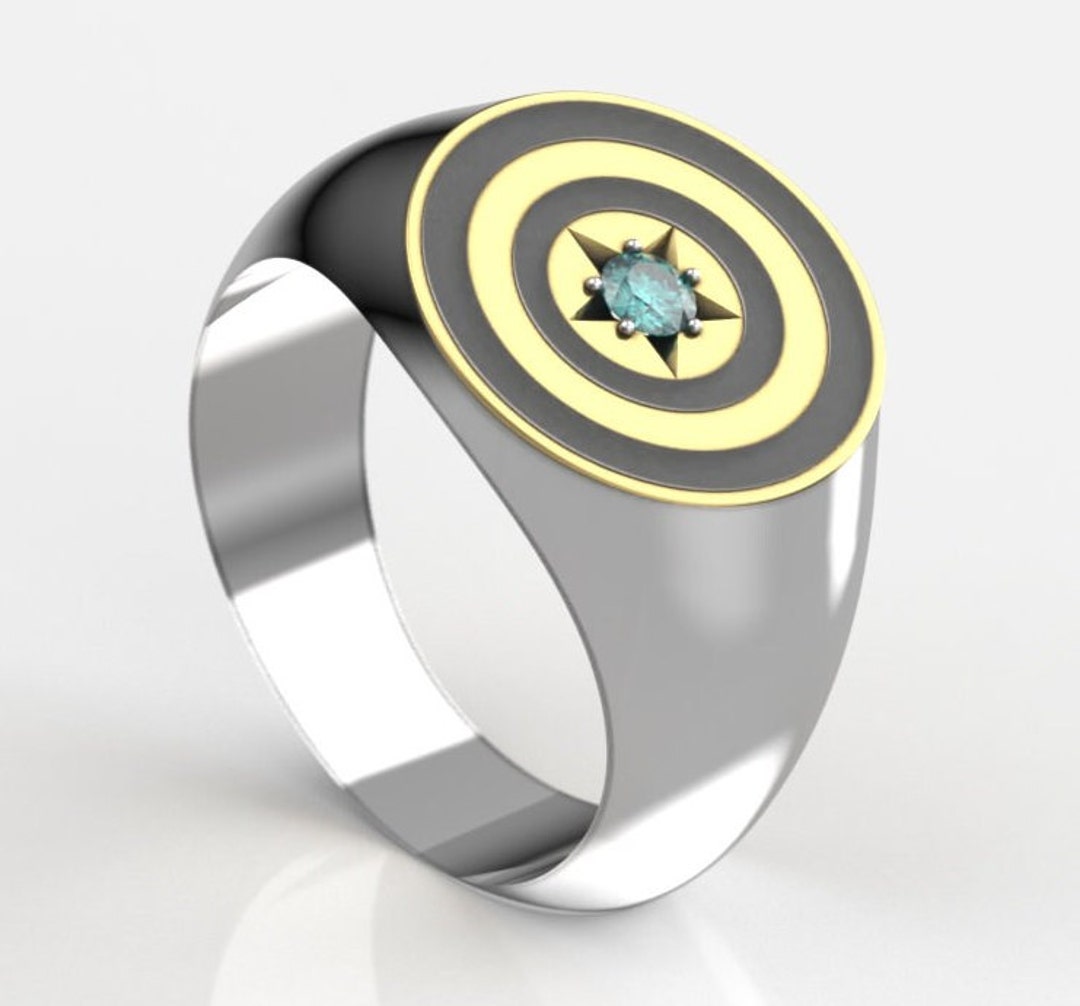 Captain America Inspired 2 Tone Signet Ring With 3mm Teal Blue Diamond ...