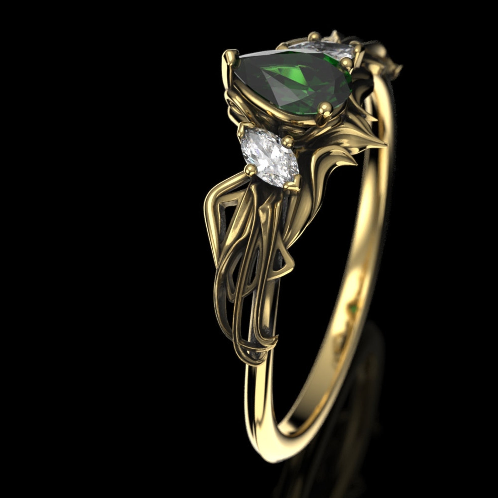 Elven Crown Engagement Ring With Pear Cut Lab Emerald Art Nouveau ...