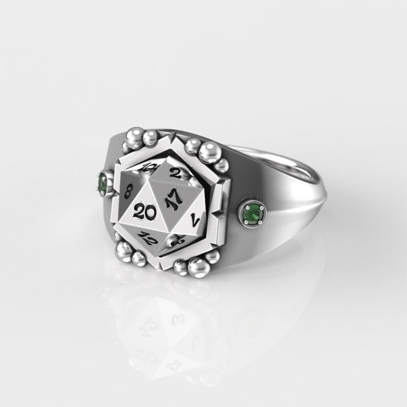 Wide Men's Dnd D20 Silver Signet Ring With Lab Emeralds - Etsy