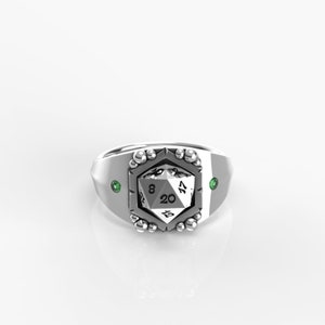 Wide Men's Dnd D20 Silver Signet Ring With Lab Emeralds - Geeky D&D ...