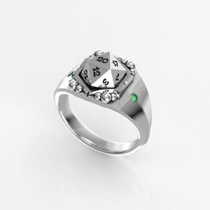 Wide Men's Dnd D20 Silver Signet Ring With Lab Emeralds - Geeky D&D ...