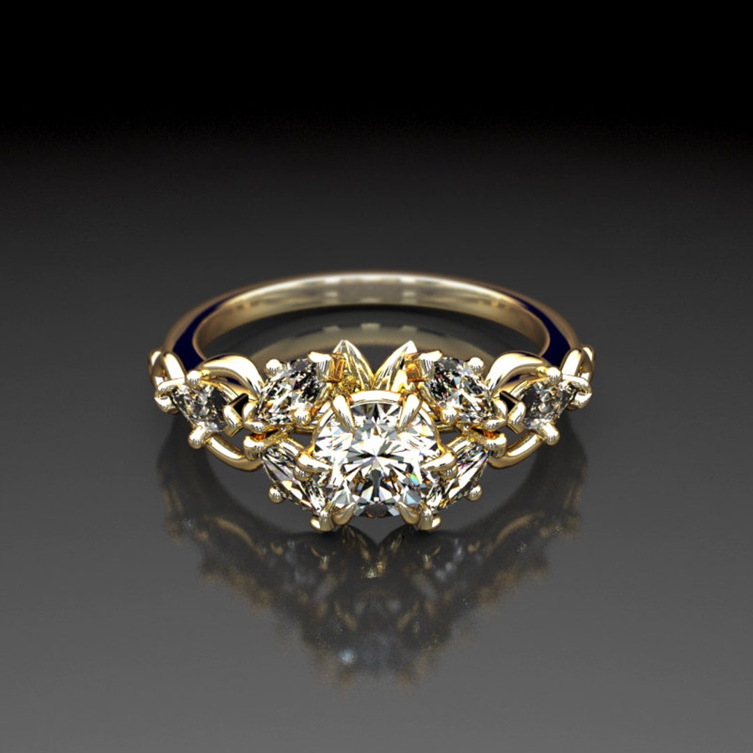 Gold Lab Diamond Cluster Engagement Ring, Elvish Fantasy Ring, Elf Ring ...