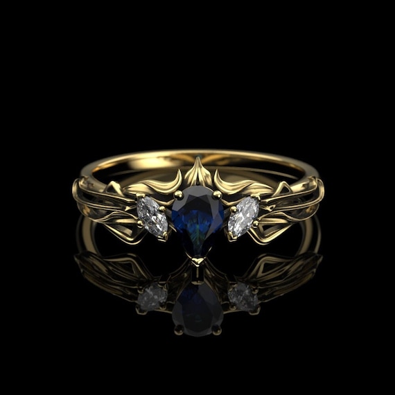 Elven Crown Engagement Ring With Pear Cut Lab Sapphire Art - Etsy