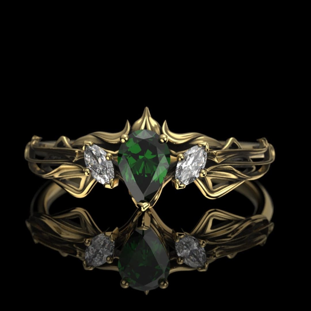 Elven Crown Engagement Ring With Pear Cut Lab Emerald Art Nouveau ...