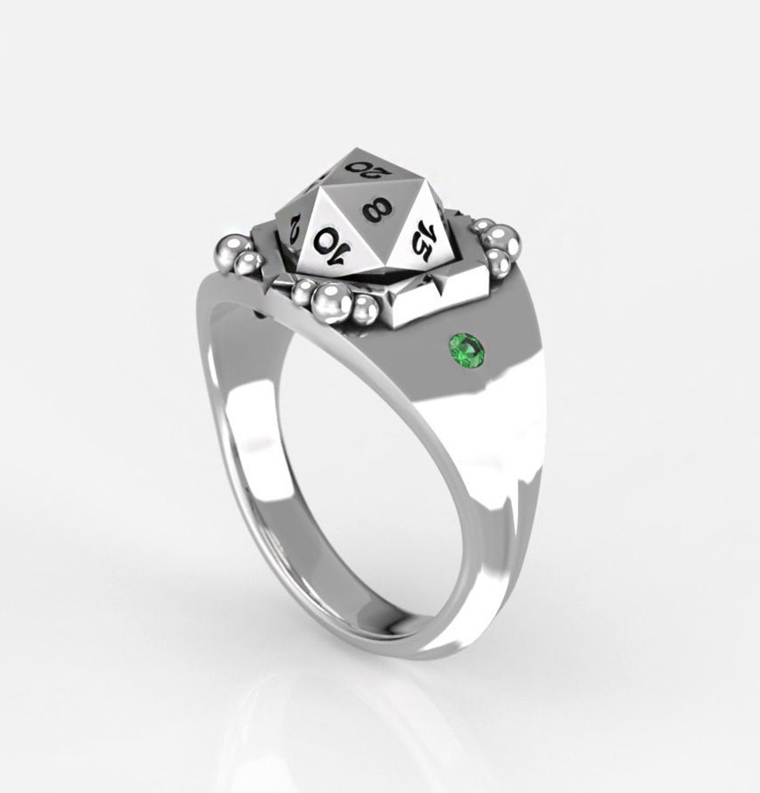 Wide Men's Dnd D20 Silver Signet Ring With Lab Emeralds - Geeky D&D ...