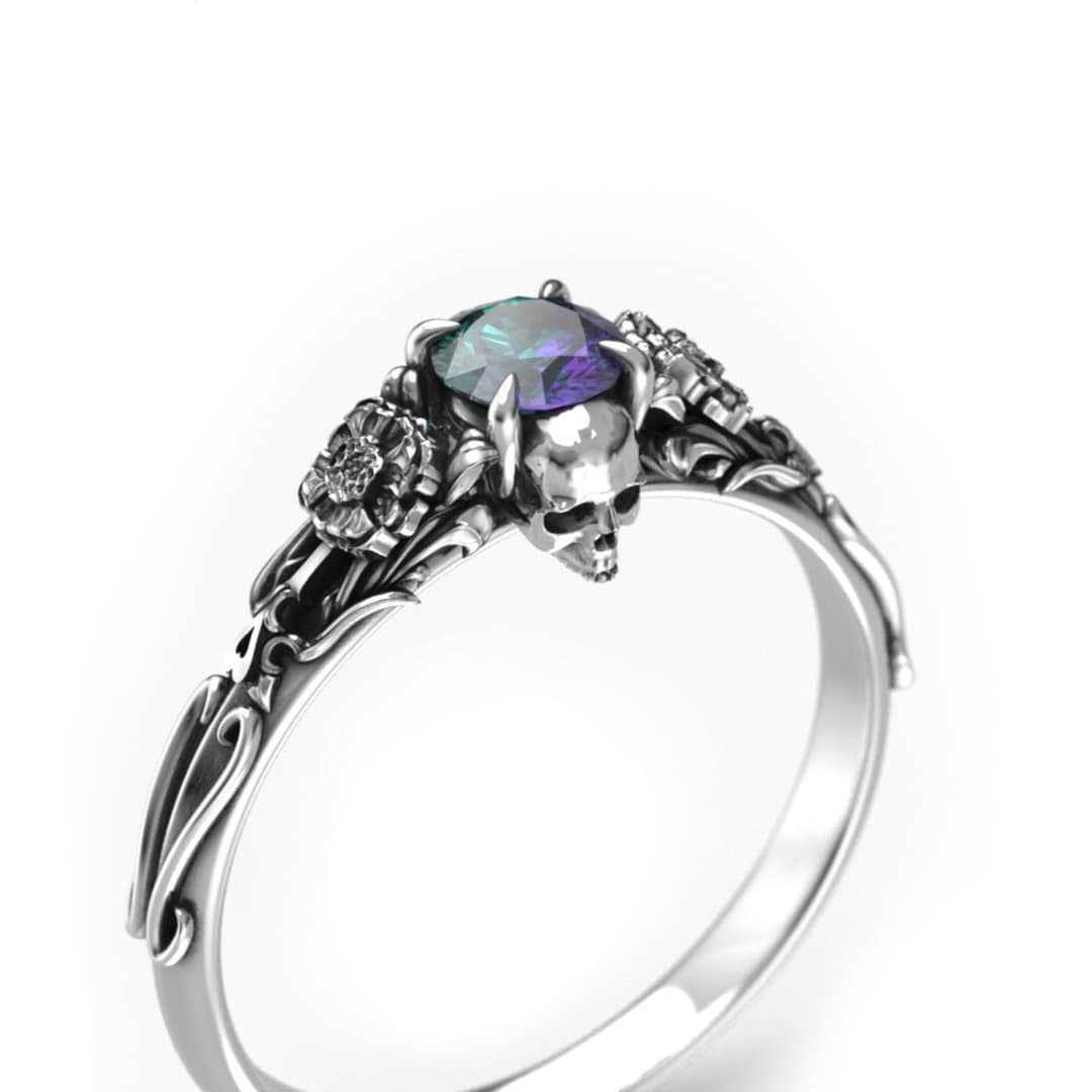 Skull Engagement Ring With Lab Alexandrite – Gothic Marigold Filigree ...