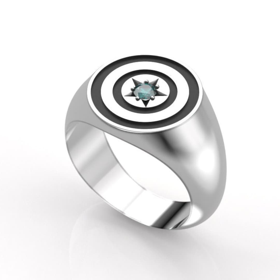 Captain America Inspired Signet Ring With 3mm Teal Blue Diamond Marvel ...