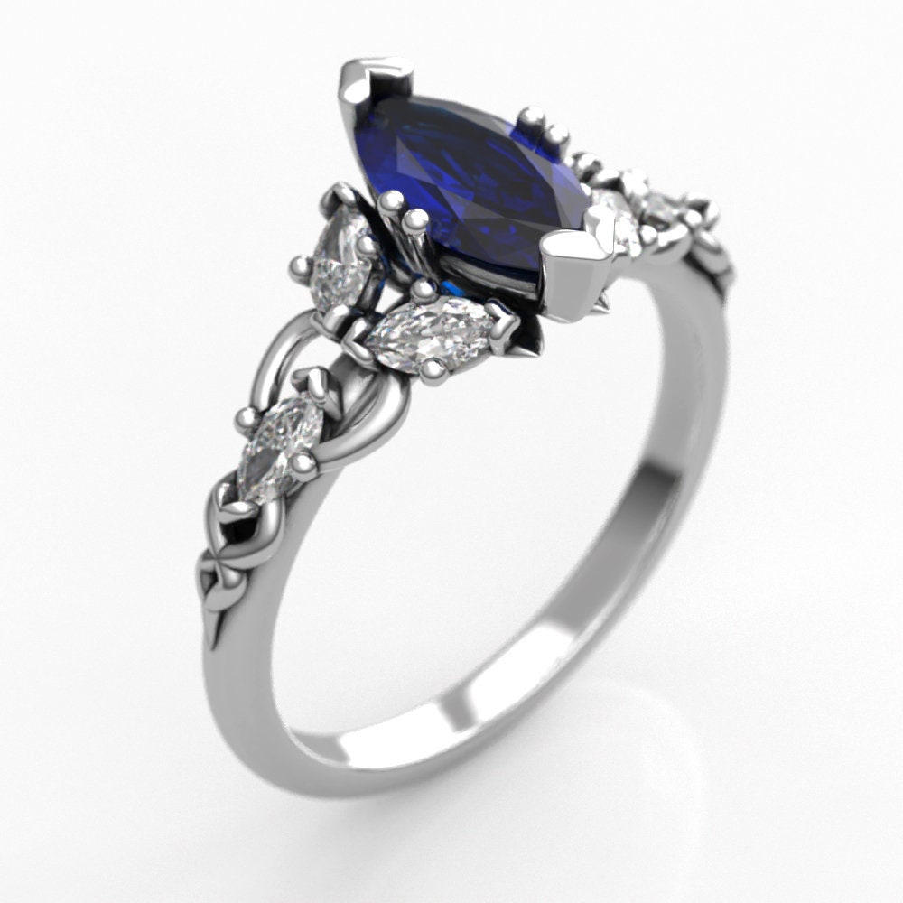 Elvish Engagement Ring with Lab Marquise Sapphire - Fantasy Fairy ...