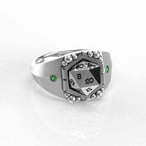 Wide Men's Dnd D20 Silver Signet Ring With Lab Emeralds - Geeky D&D ...