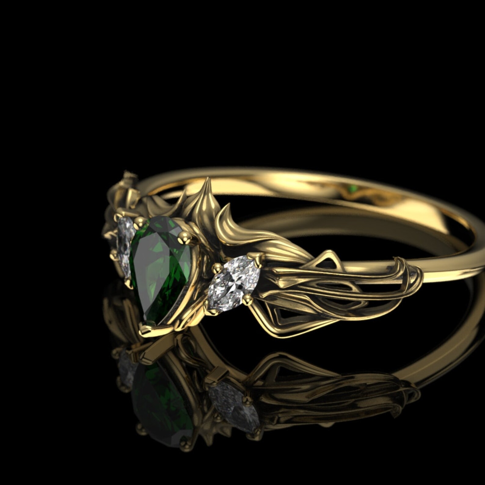 Elven Crown Engagement Ring With Pear Cut Lab Emerald Art Nouveau ...