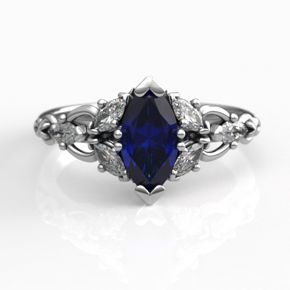 Elvish Engagement Ring with Lab Marquise Sapphire - Fantasy Fairy ...