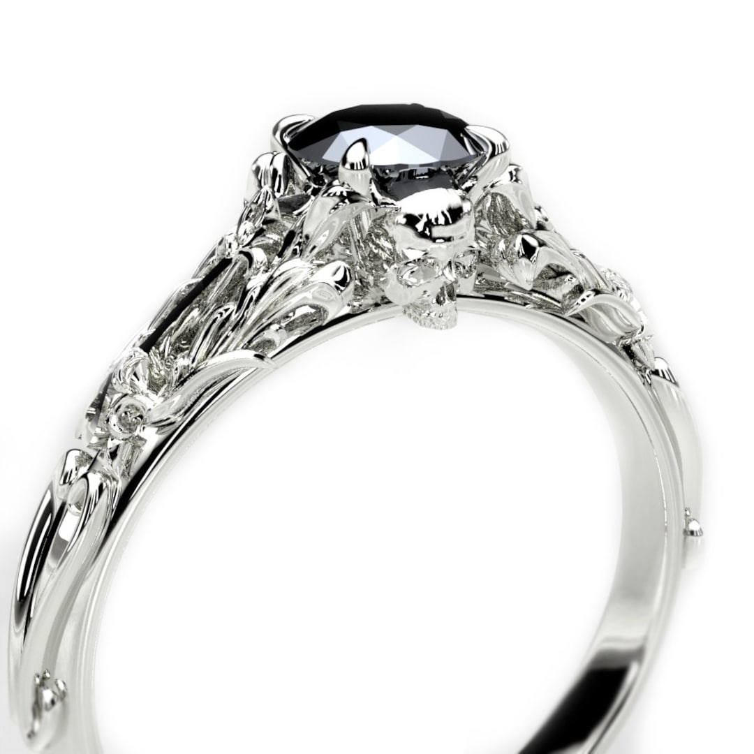 White Gold or Silver Skull Black Diamond Engagement Ring - Gothic ...