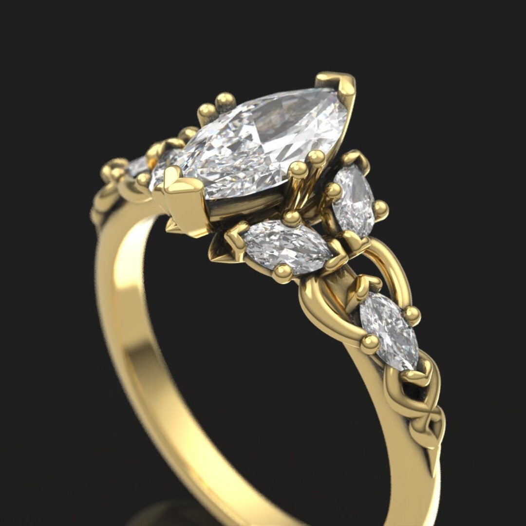 Gold Elvish Engagement Ring With Moissanite - Fantasy Claw Engagement ...
