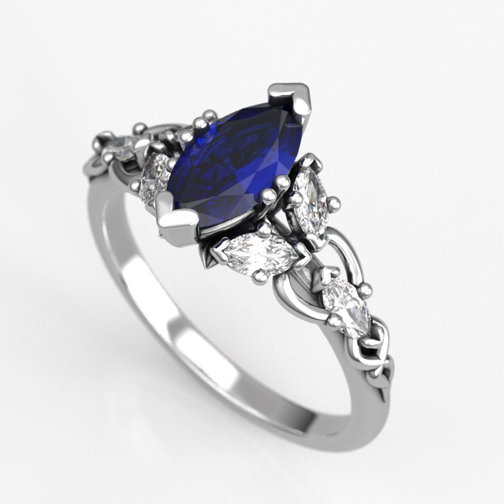 Elvish Engagement Ring with Lab Marquise Sapphire - Fantasy Fairy ...