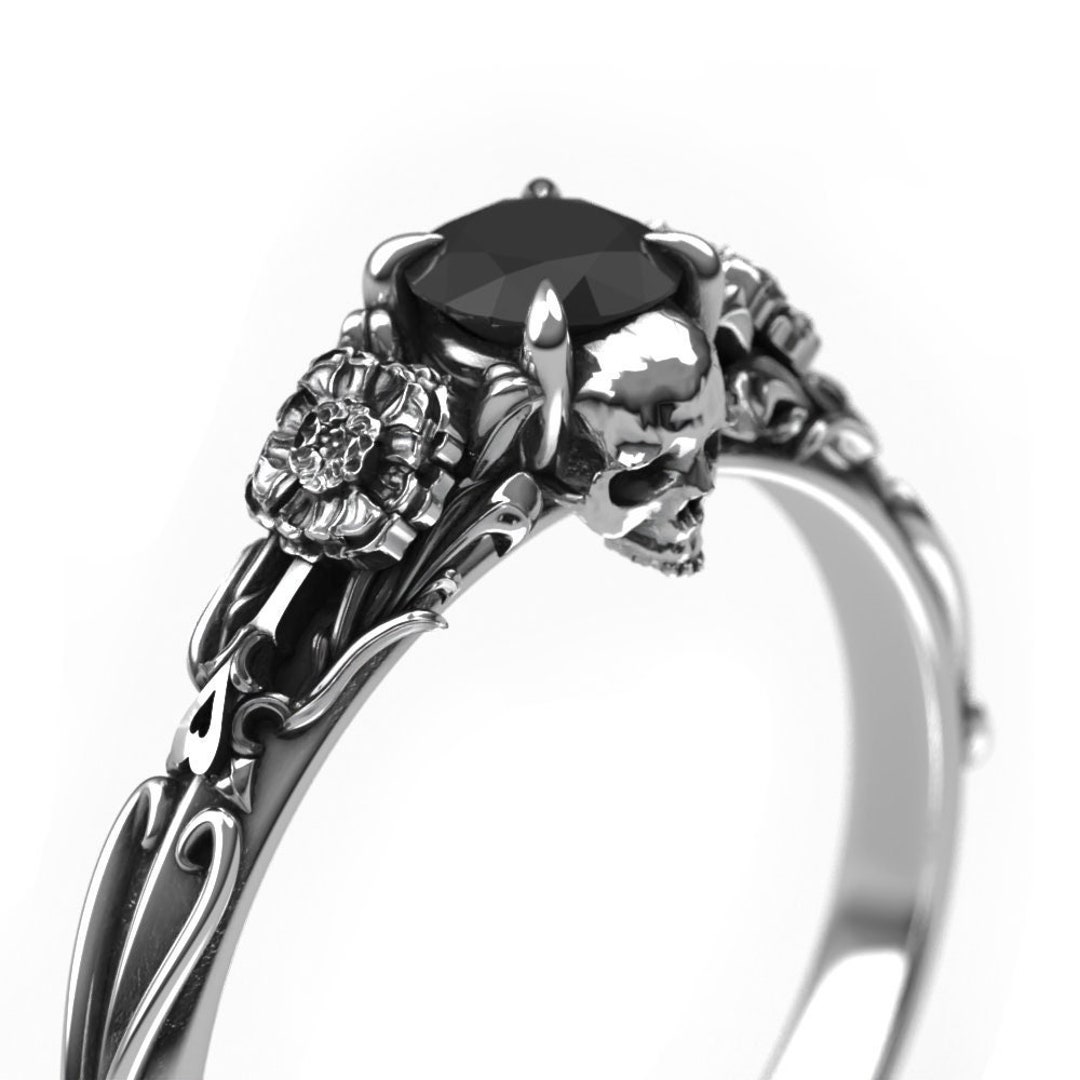 Black Diamond Skull Ring - Gothic Edwardian Floral Engagement Ring - Etsy