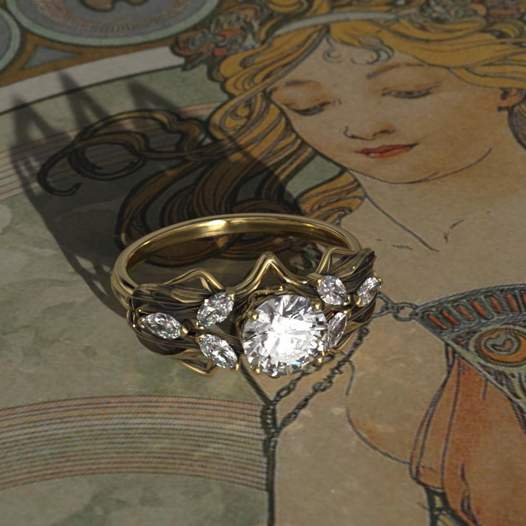 Gold Elvish Engagement Ring With Moissanite - Art Nouveau Elf Ring, in ...