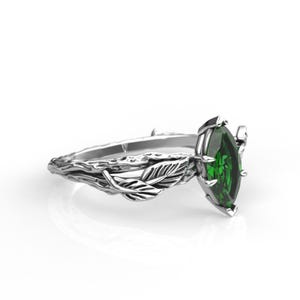 Nature Inspired Leaf Engagement Ring With Marquise Lab Emerald in ...