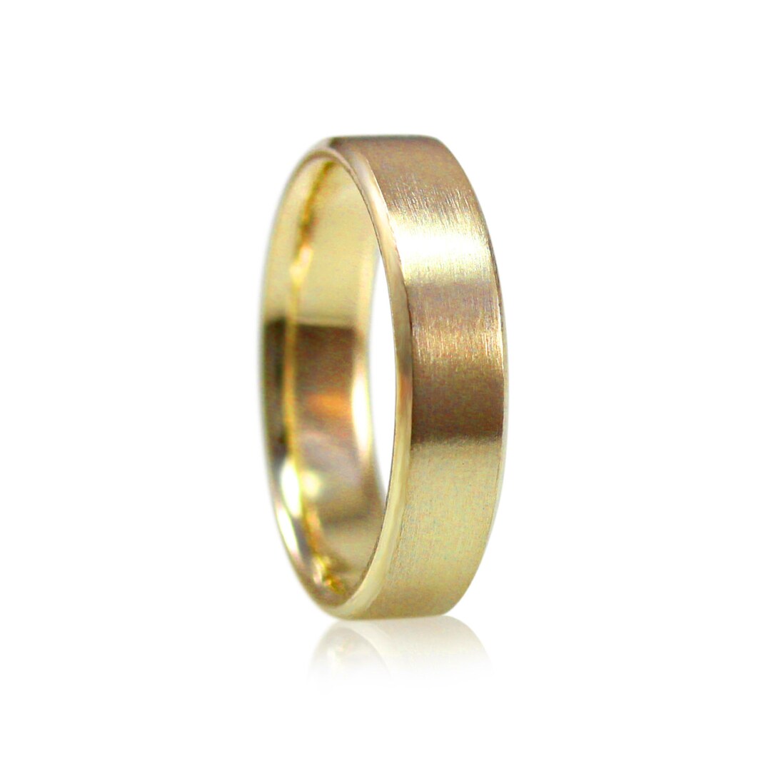 14k Gold Mens Wedding Band, 5mm Beveled Ring, Handmade Brushed Finish ...