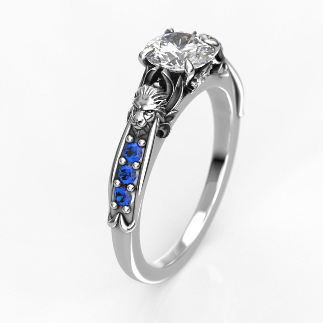 Lion Heart Engagement Ring White Gold With Moissanite and Lab Sapphires ...