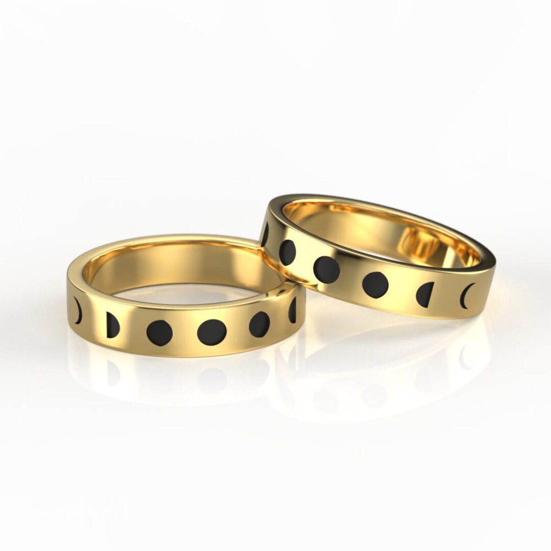 Gold Moon Phase Matching Ring Set - Unique Moon Wedding Bands in Silver ...
