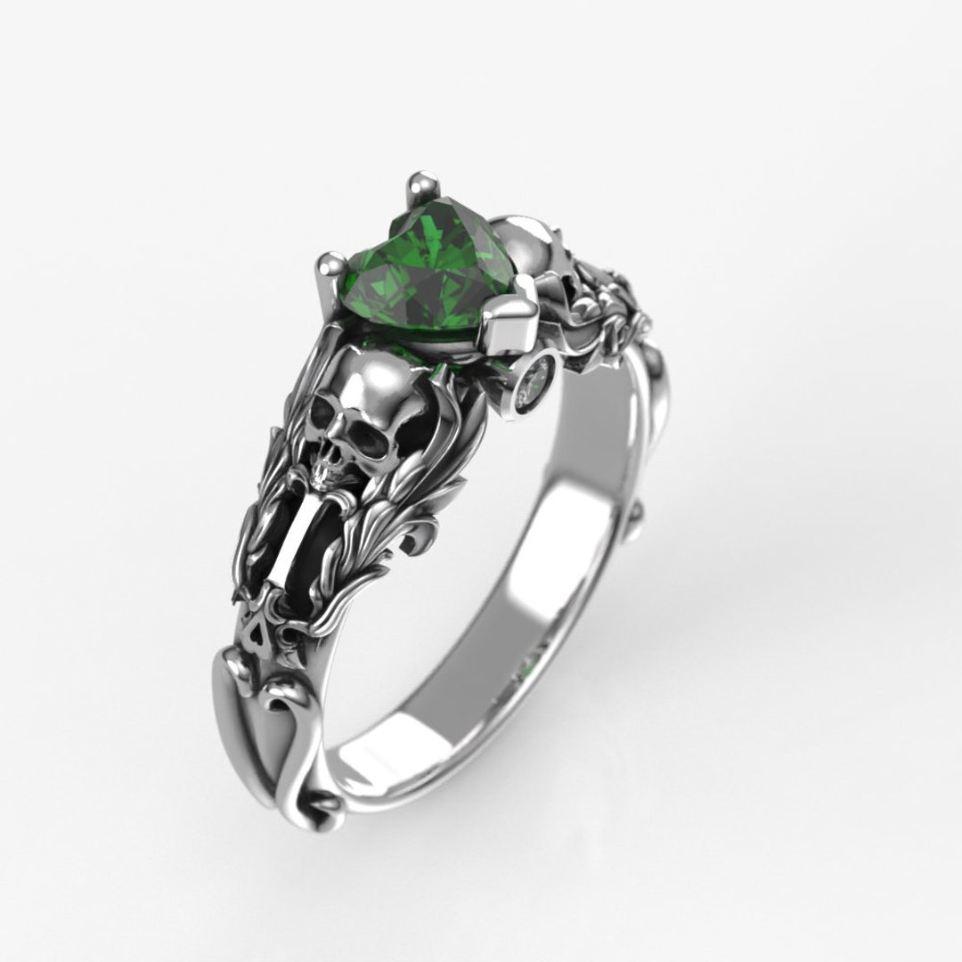 Skull Engagement Ring With Heart Cut Emerald (lab) - Alternative Gothic ...