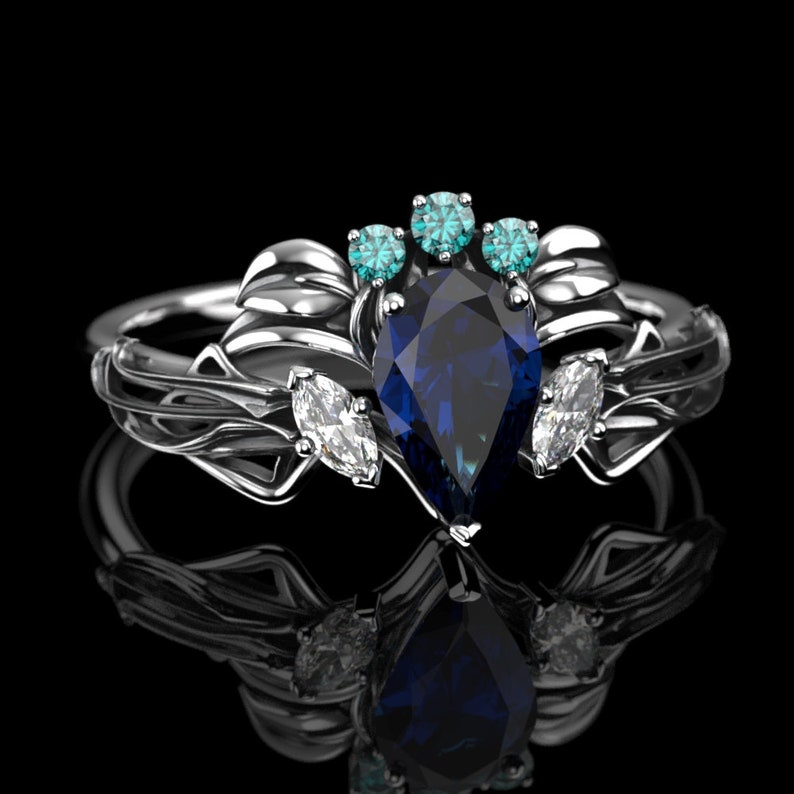 Art Nouveau Lab Sapphire Engagement Ring – Pear Cut Tiara, Elf Fantasy ...