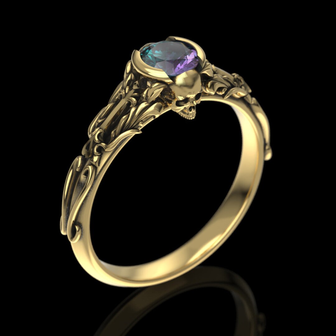 Skull Engagement Ring - Lab Alexandrite, Gothic Filigree, Marigold ...