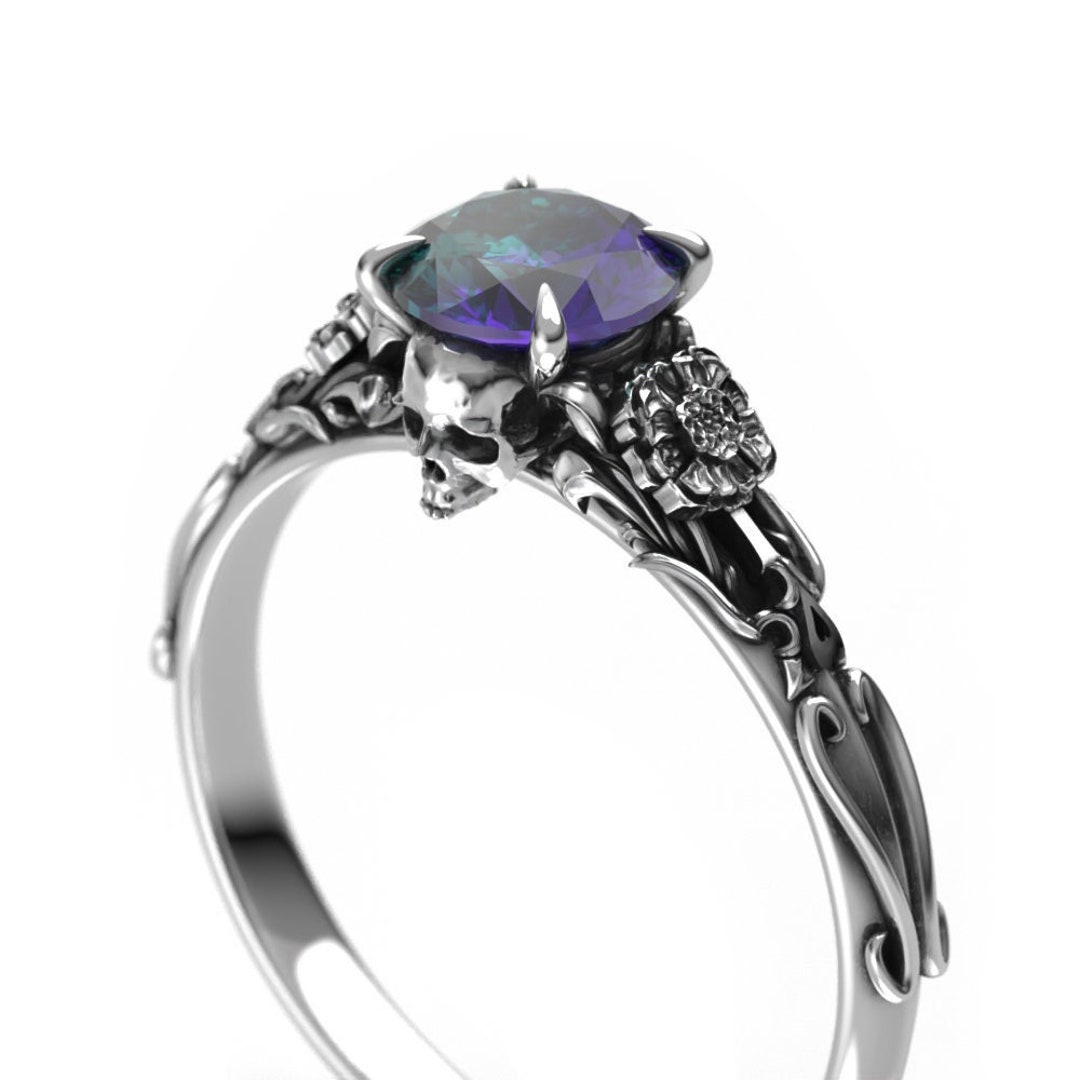 Lab Alexandrite Skull Ring - Gothic Floral Engagement Ring - Gold or ...