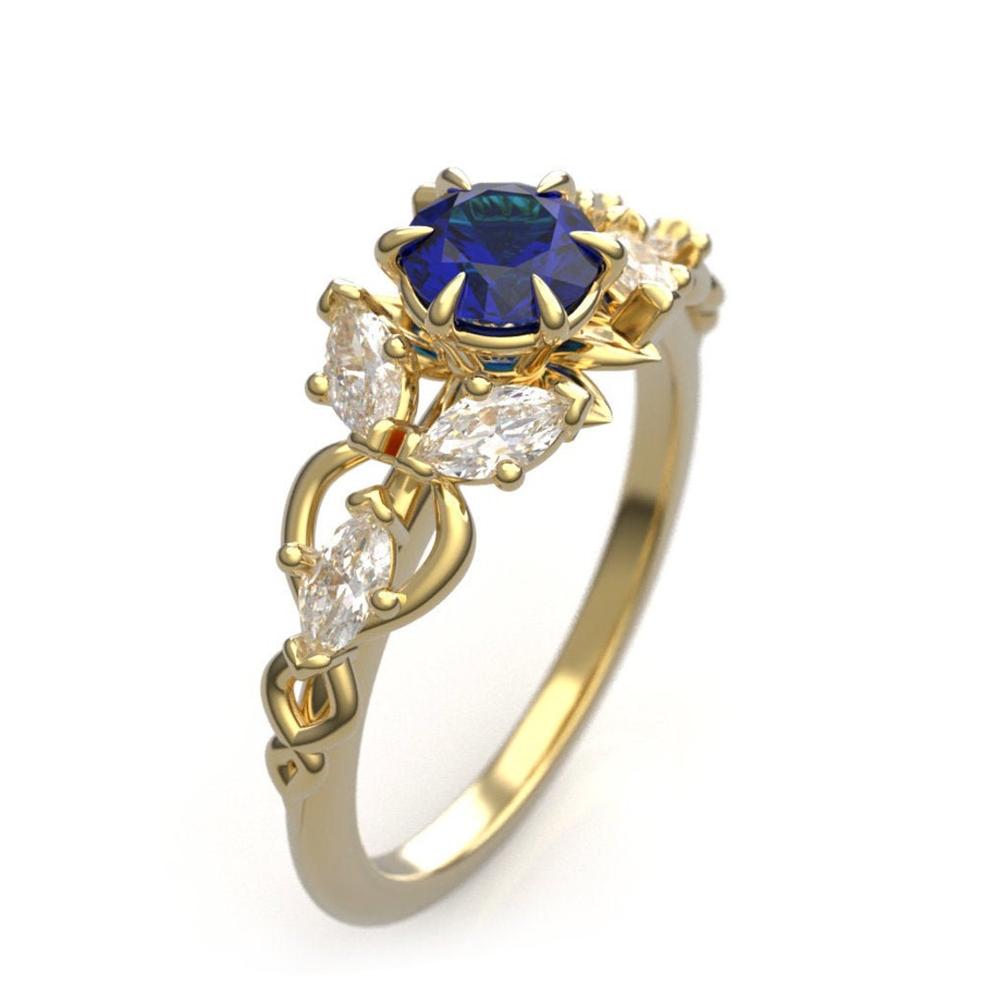 Gold Elvish Engagement Ring With Lab Sapphire - Fantasy Claw Elf Ring ...