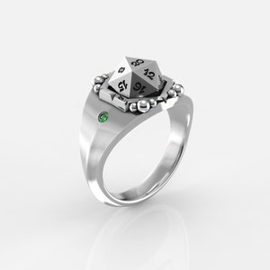 Wide Men's Dnd D20 Silver Signet Ring With Lab Emeralds - Geeky D&D ...