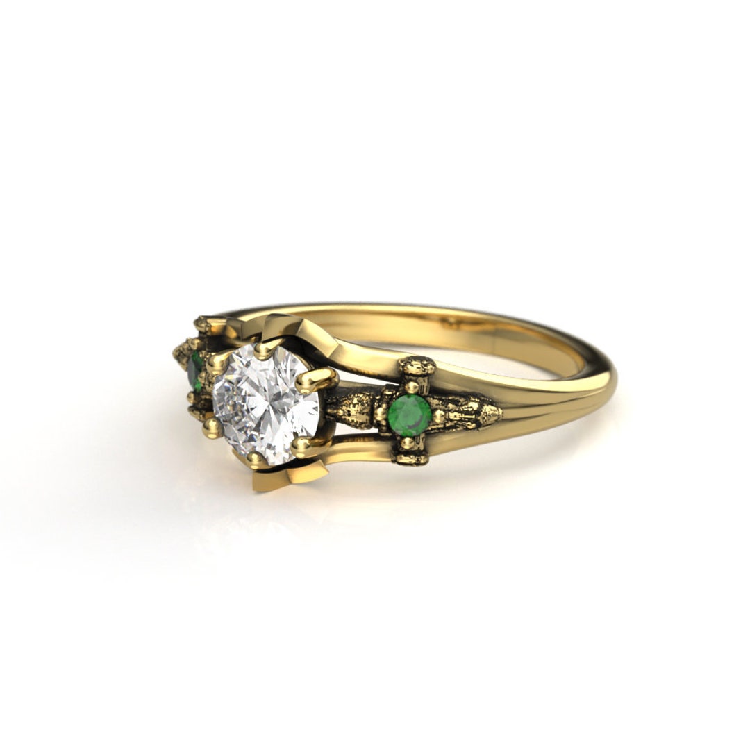 Firefly Serenity Ring in Yellow Gold, 5.5mm Moissanite and Lab Emerald ...