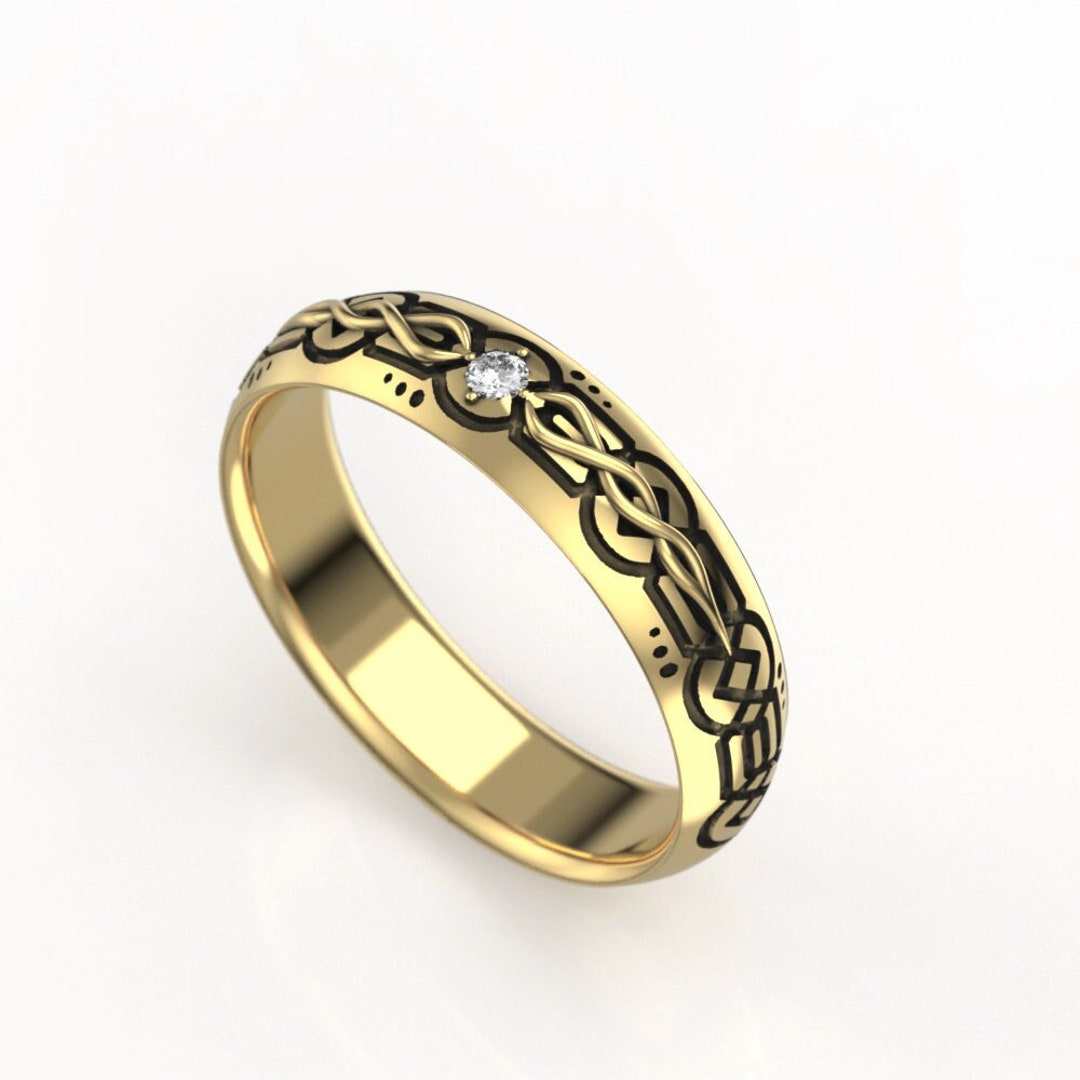 Elvish Fantasy Men's Wedding Band With Diamond 5mm Men's Elven Wedding ...