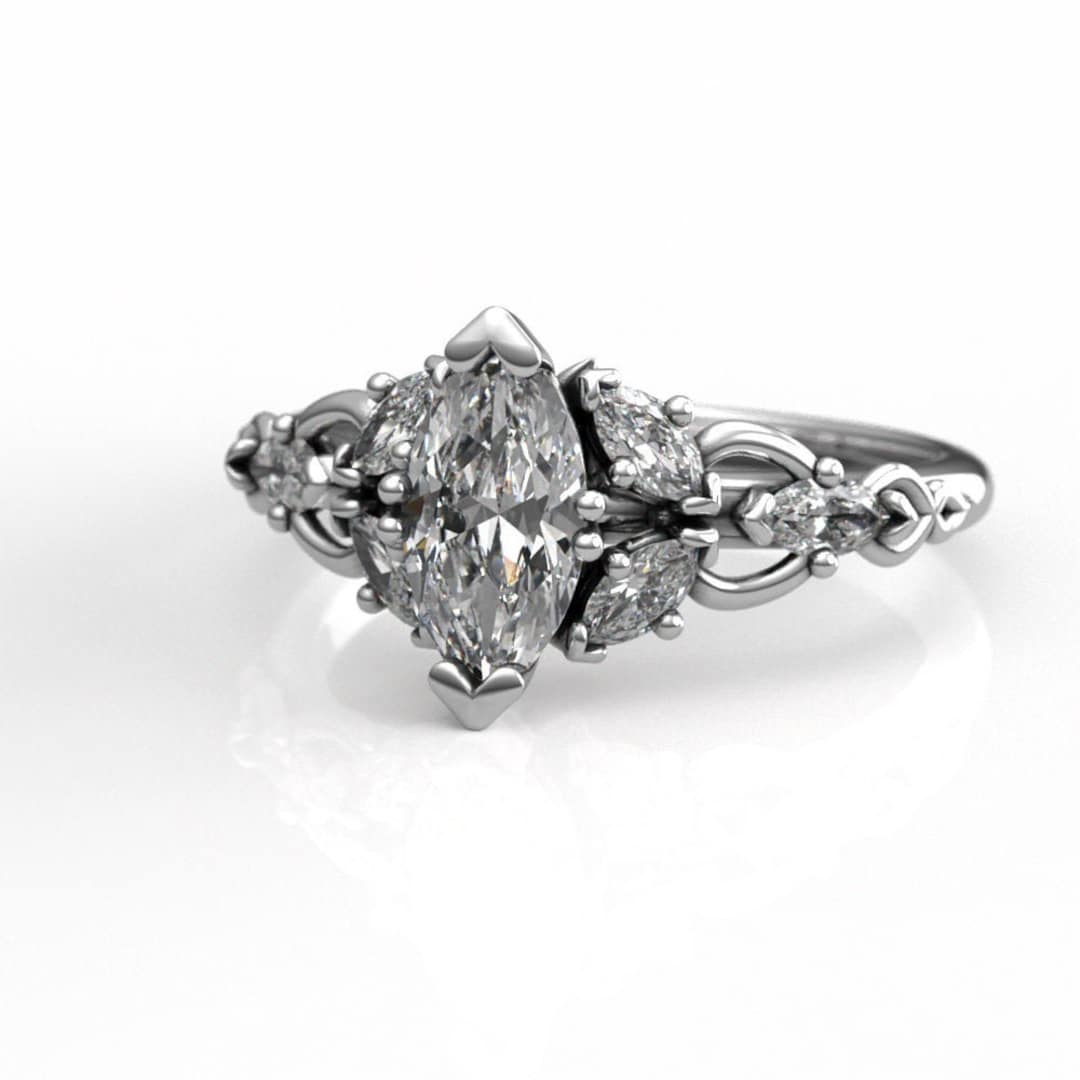 White Gold Elvish Engagement Ring With Marquise Moissanite - Fantasy ...