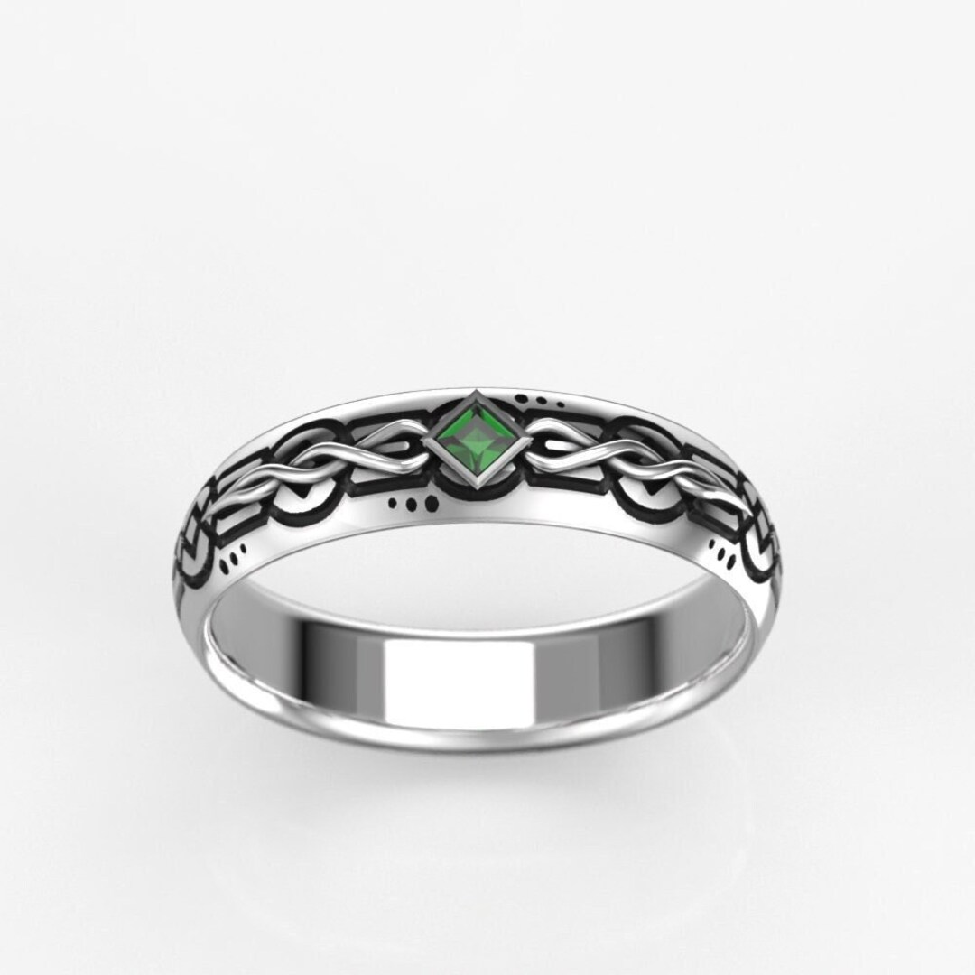 Lab Emerald Elvish Celtic Men's Wedding Band – White Gold, Oxidized ...