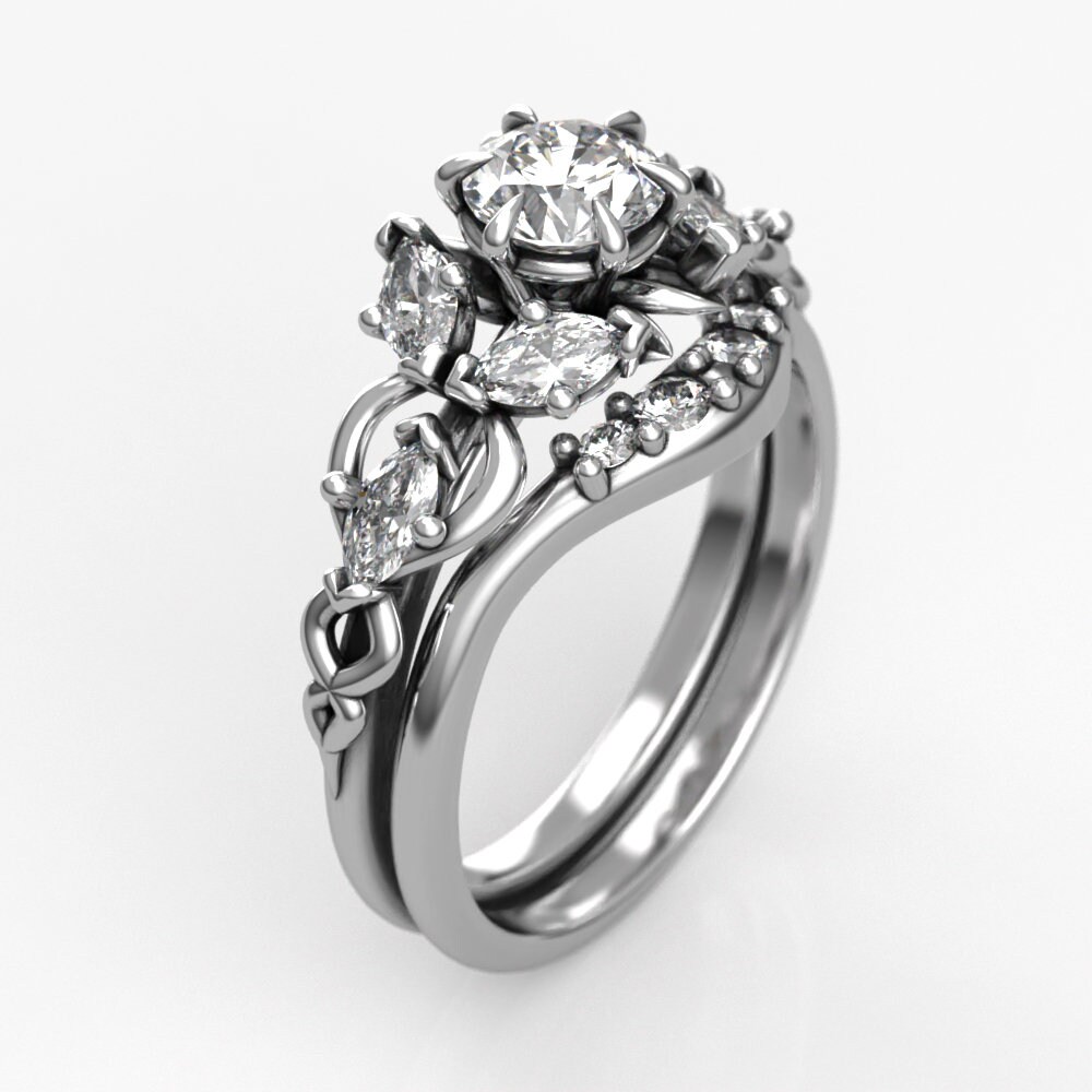Elvish Wedding Ring Set - Elven Fantasy Engagement Ring for Her - Art ...