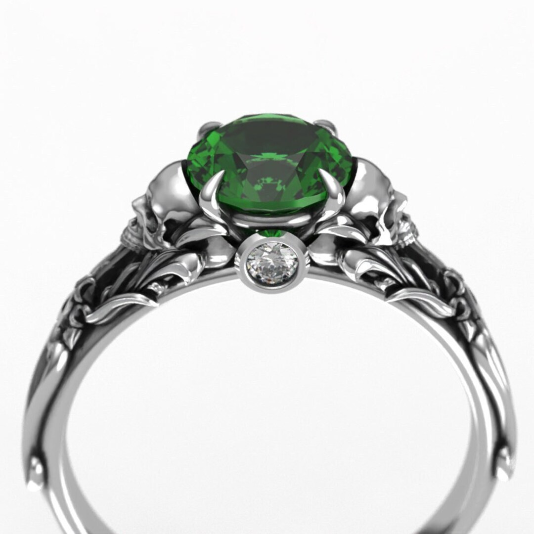 Lab Emerald Skull Engagement Ring – Gothic Filigree, White Gold or ...