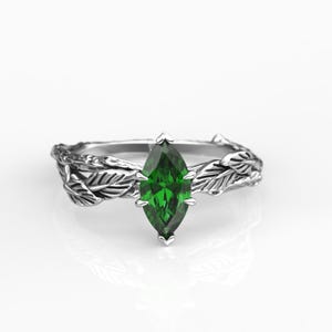 Nature Inspired Leaf Engagement Ring With Marquise Lab Emerald in ...